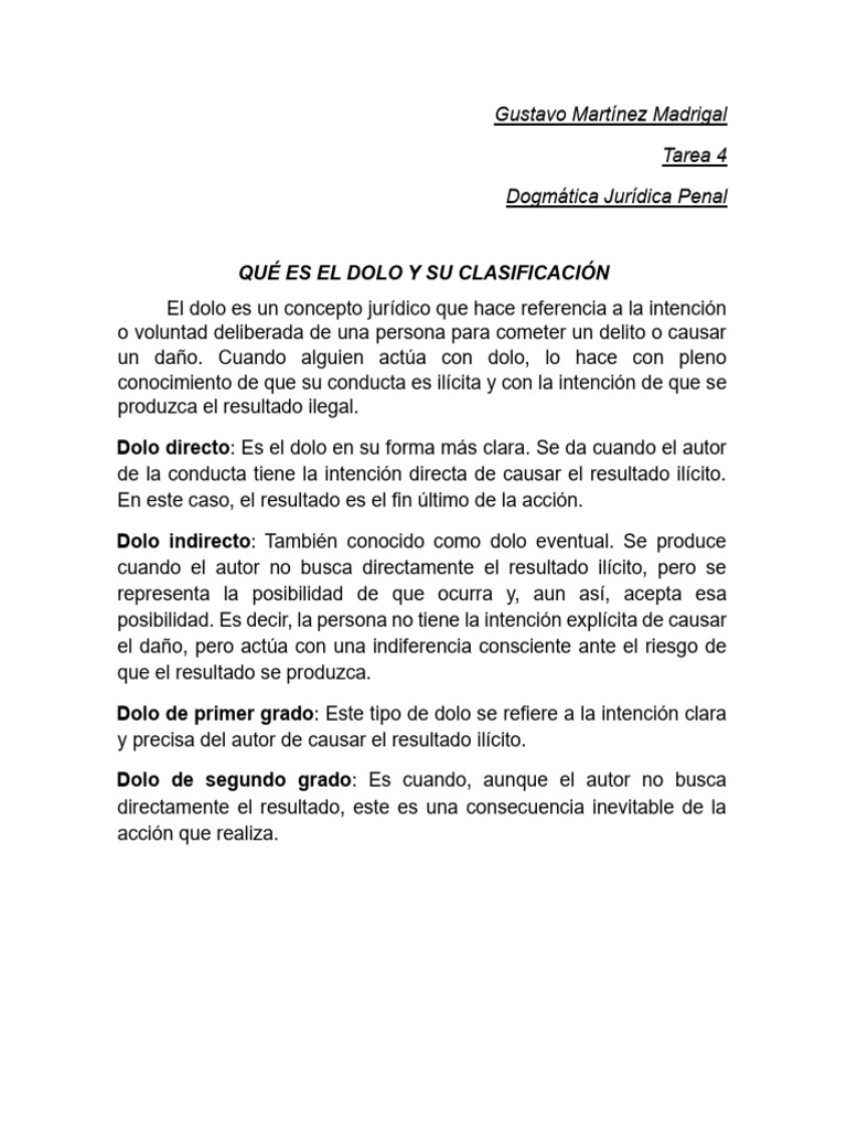 Clasificación del Dolo en Derecho Penal | PDF