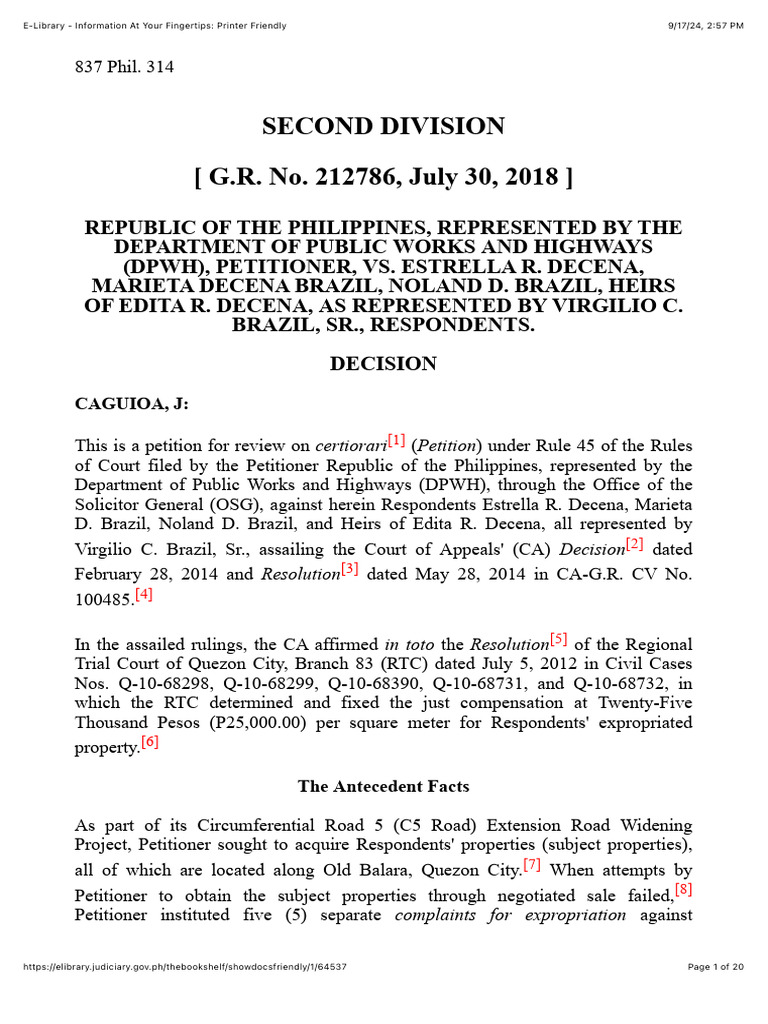 Expropriation Case: DPWH vs. Decena Heirs | PDF | Just Compensation ...