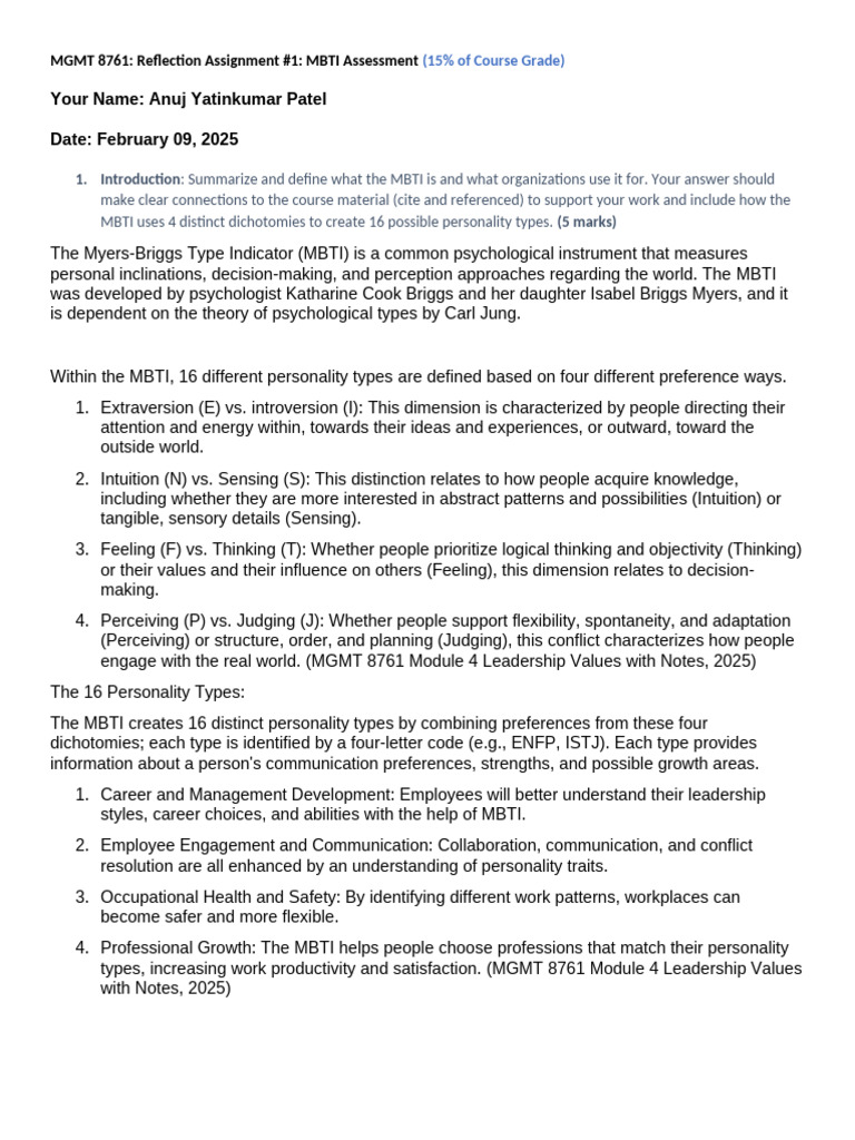MGMT 8761 Reflection Assignment #1 W25 | PDF | Leadership | Personality ...