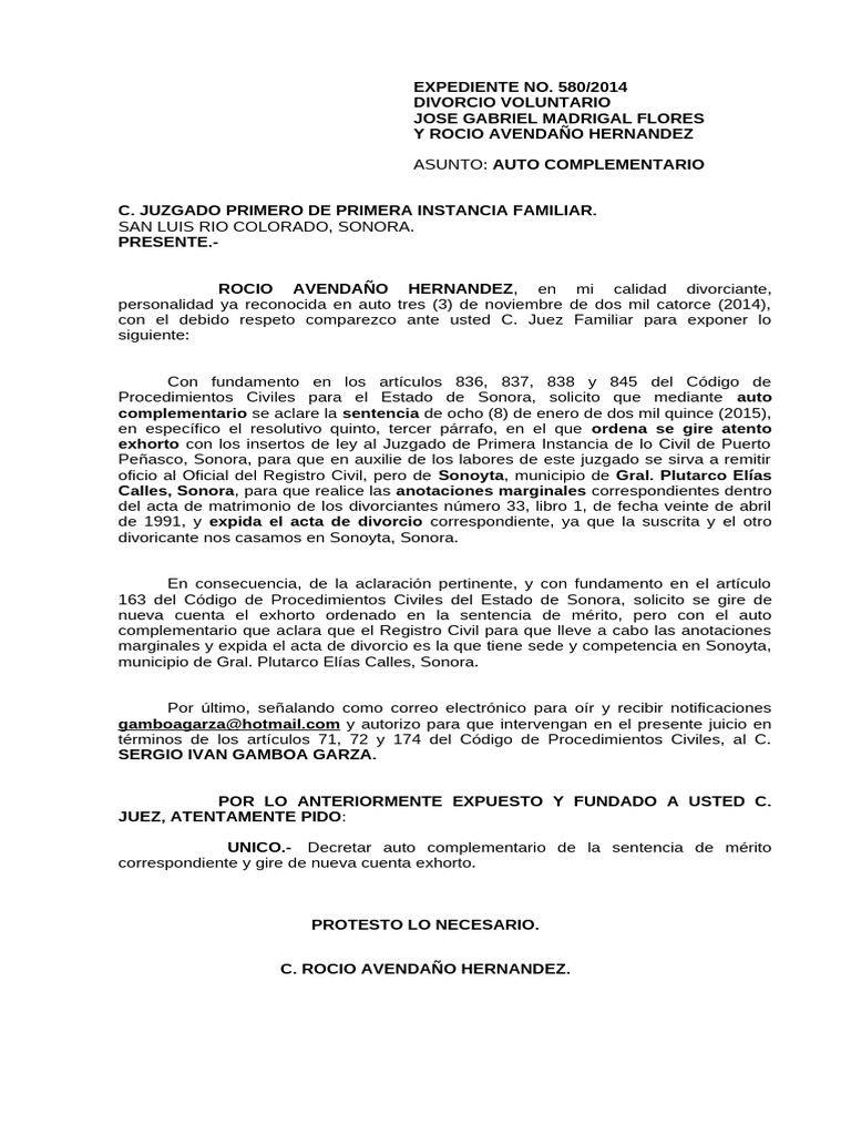 Solicitud Auto Complementario | PDF | Divorcio | Justicia