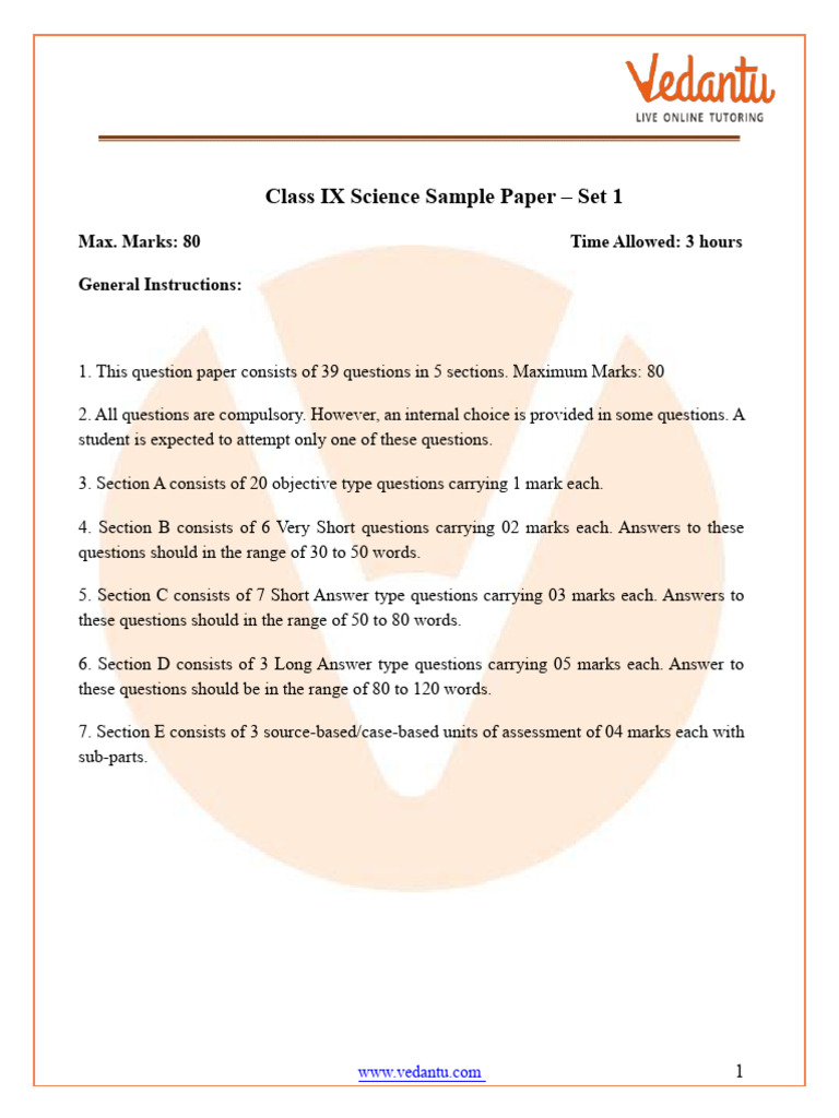 CBSE Class 9 Science Sample Question Paper (Set 1) 2024-25 FREE PDF ...