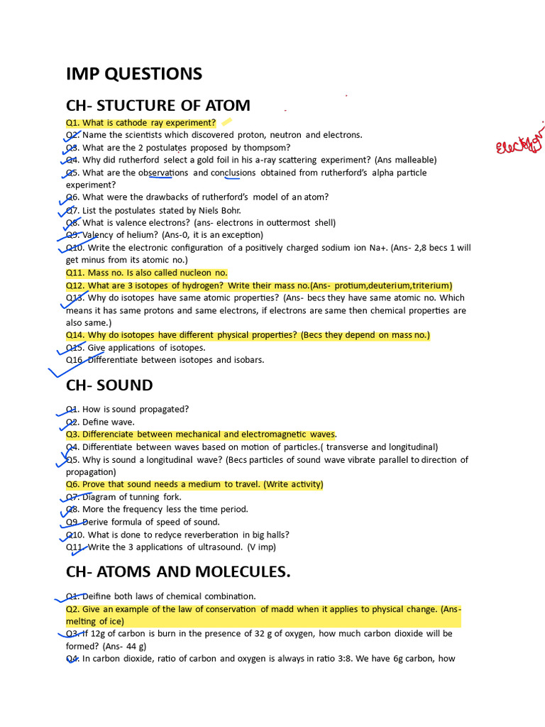 IMP QUESTIONS (1) | PDF | Electron | Atoms