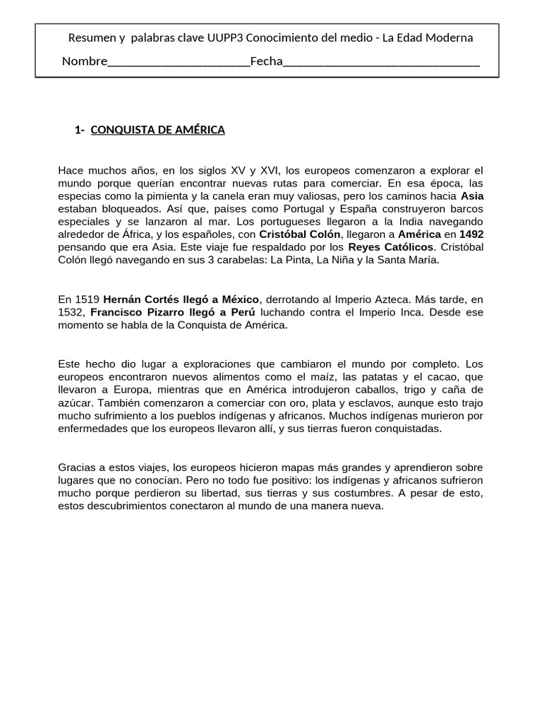 Resumen y Palabras Clave Uupp3 Conocimiento Del Medio La Edad Moderna ...