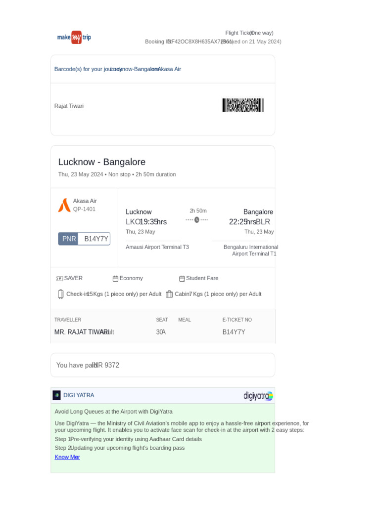 Lko to Blr Ticket | PDF | Aviation