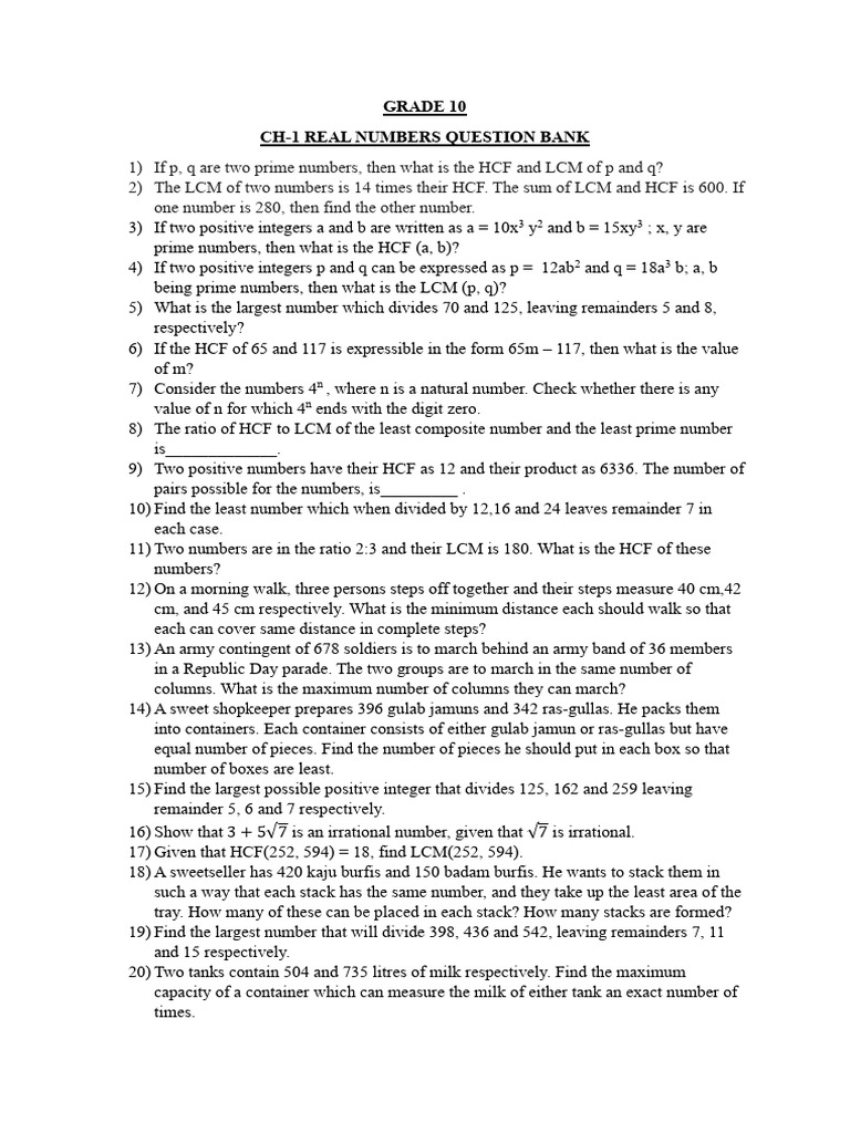 Class 10 Real Numbers Question Bank | PDF | Prime Number | Numbers