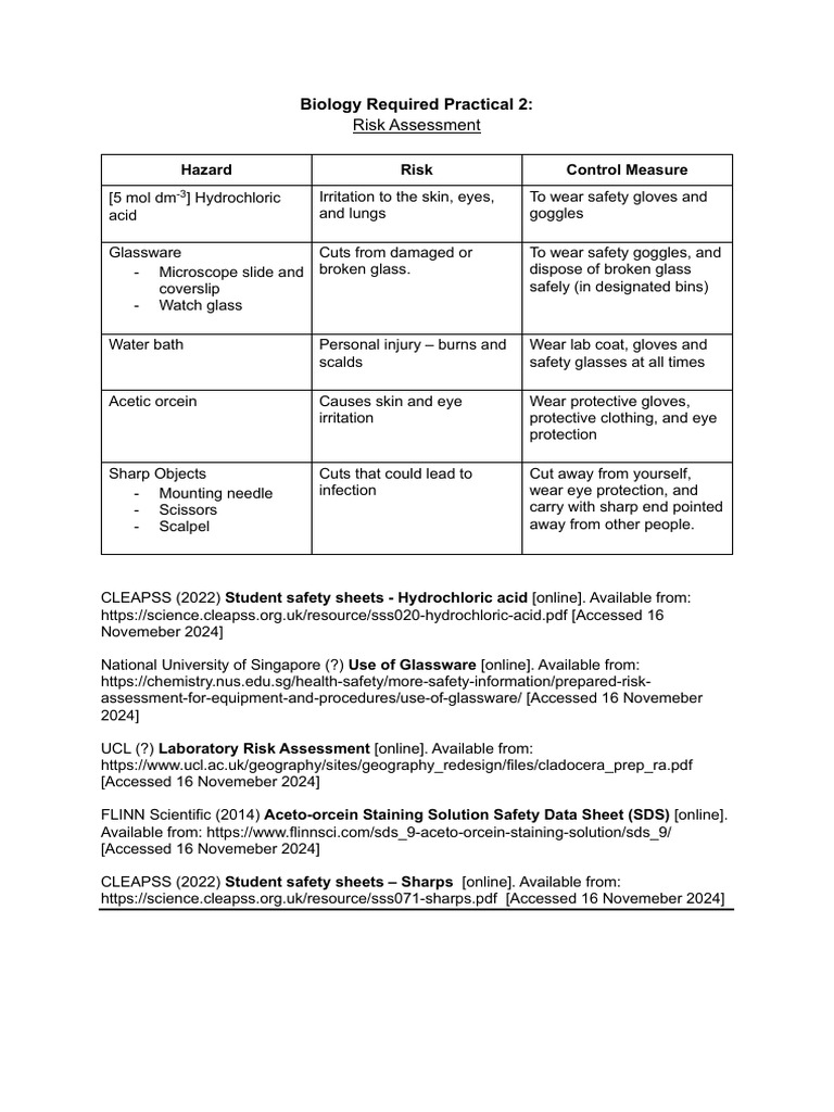 Biology Required Practical 2 - Risk Assesment | PDF