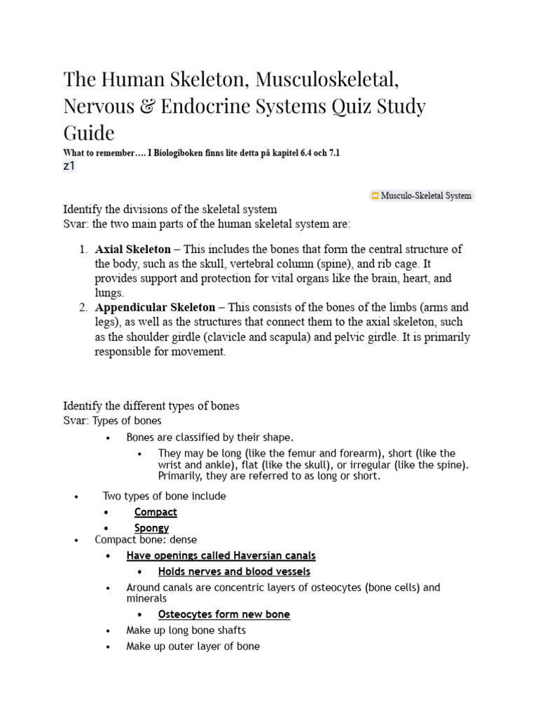 The Human Skeleton, Musculoskeletal, Nervous & Endocrine Systems Quiz ...