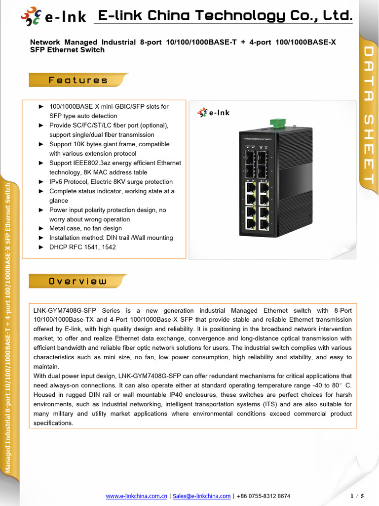 E-Link LNK-GYM7408G-SFP Network Managed Industrial Ethernet Switch Datasheet V1.0 | PDF ...