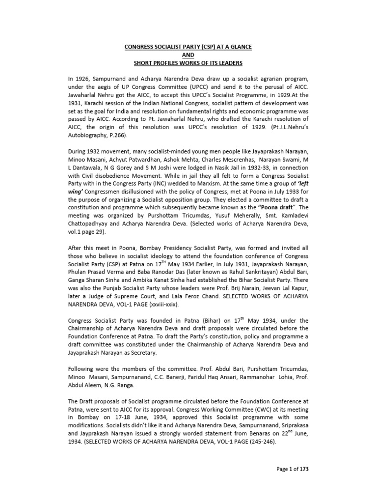 Congress Socialist Party at A Glance | PDF | Politics Of India