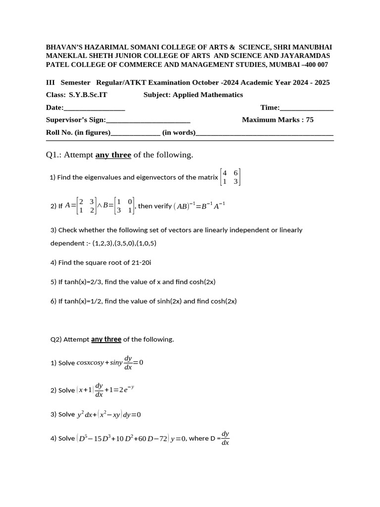 Applied Math set 2 | PDF | Matrix Theory | Functions And Mappings