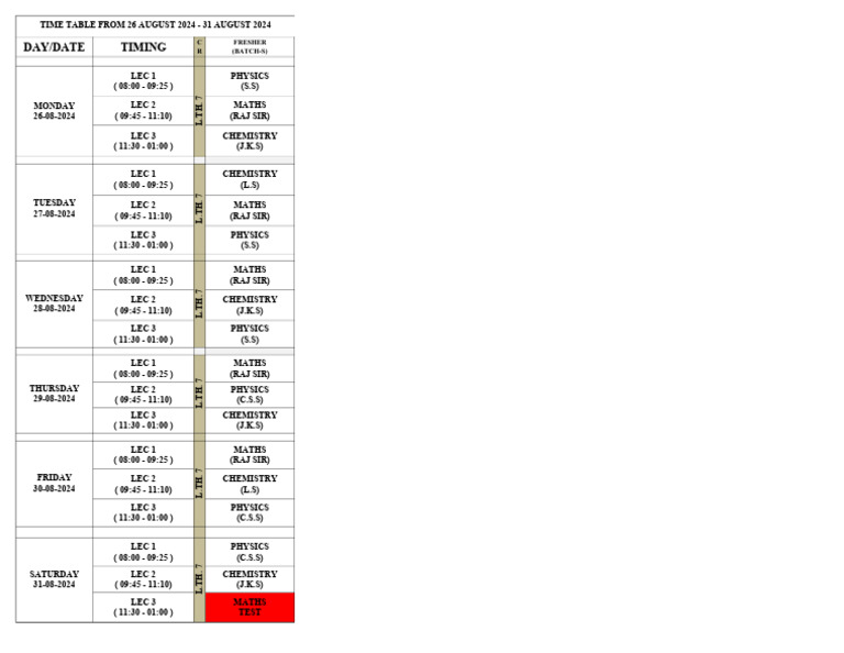 Fresher-S Batch Updated Time Table | PDF