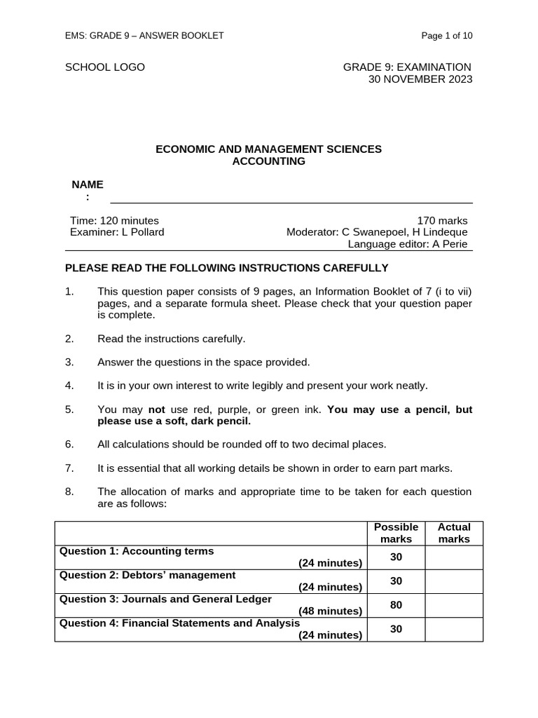 Grade 9 EMS Accounting Exam Answers | PDF | Finance & Money Management ...