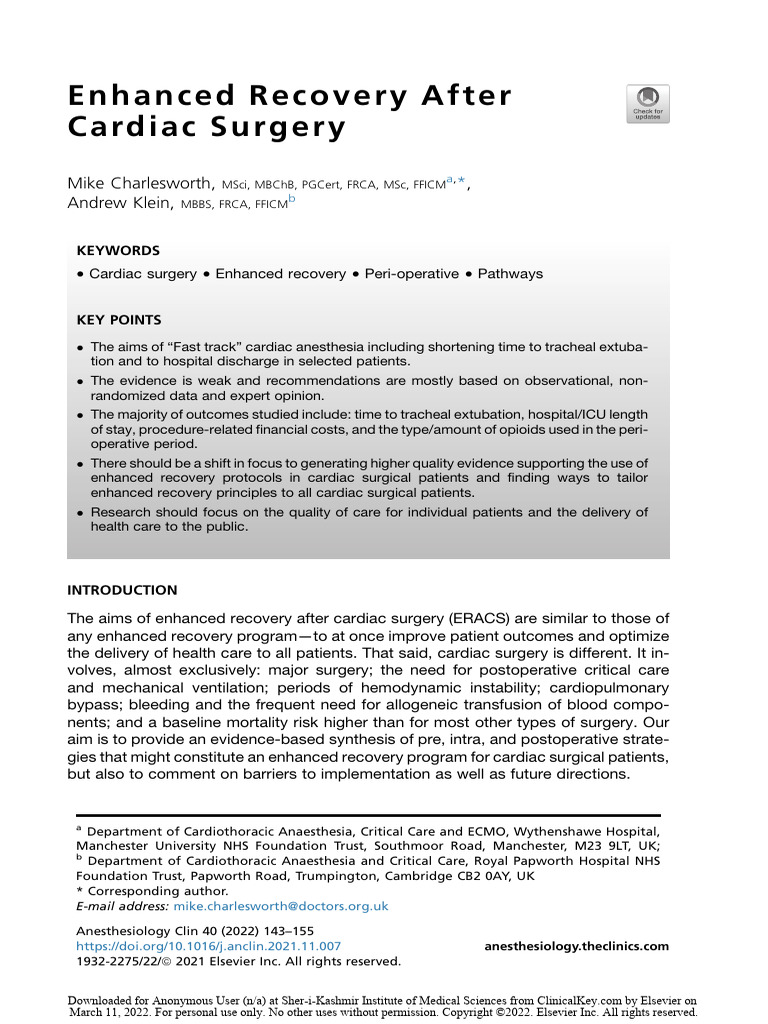 ERAS in Cardiac Surgery | PDF | Surgery | Anesthesia