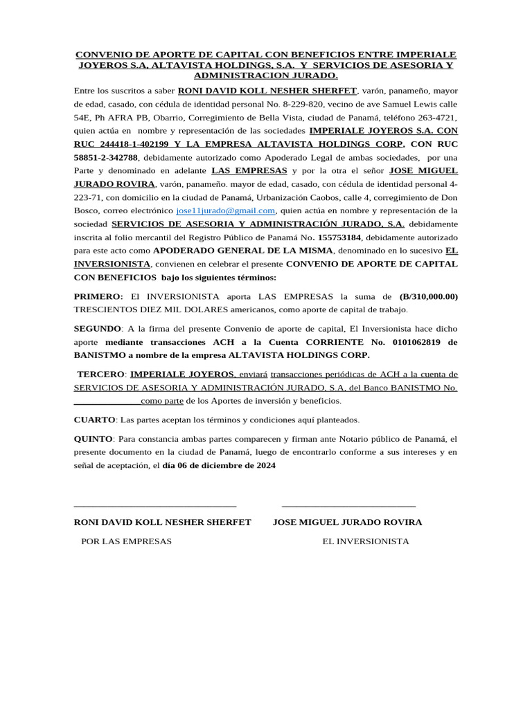 Convenio de Aporte de Capital Con Beneficios Roni David Koll y Jose M ...