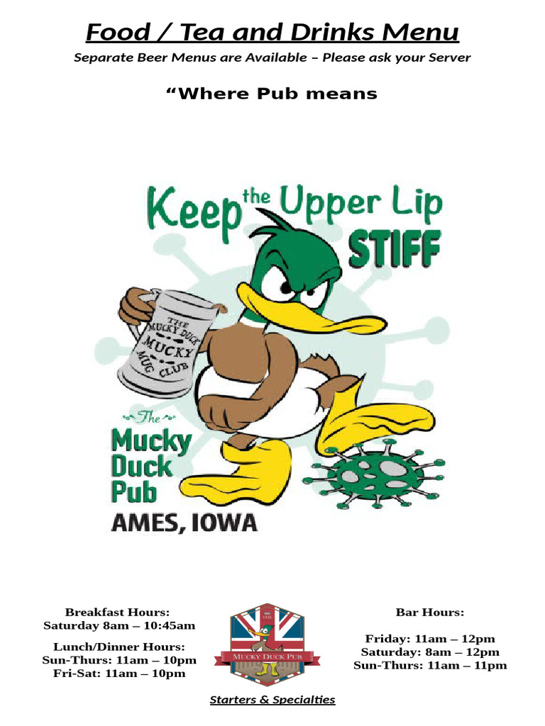 The Mucky Duck Pub Menu August Menu | PDF | Hamburgers | Tea