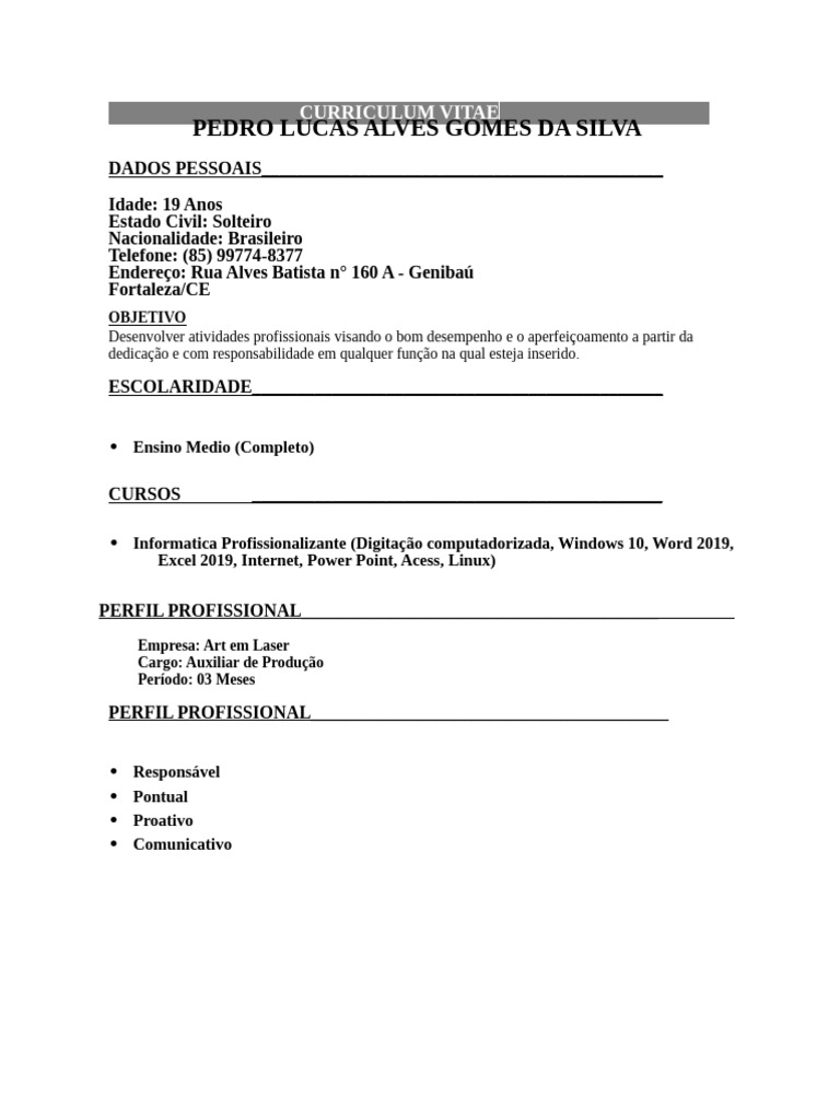 Pedro Lucas Alves Gomes Da Silva (Curriculo) | PDF