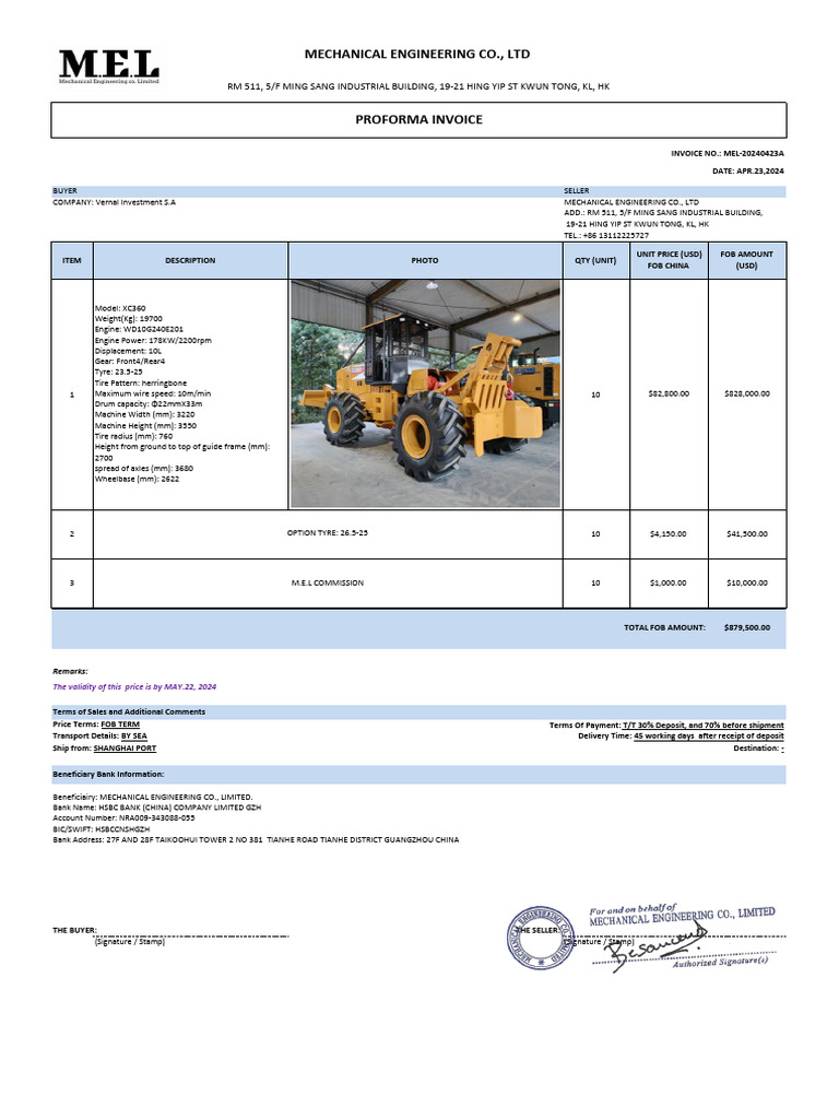 M.E.L XC360 Log Skidder PROFORMA INVOICE -APR.23, 2024 | PDF | Land ...