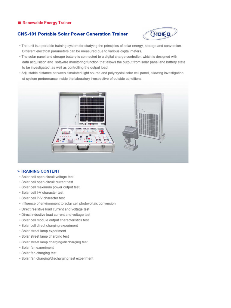 CNS-101 Portable Solar Power Generation Trainer | PDF | Power Supply | Solar Panel