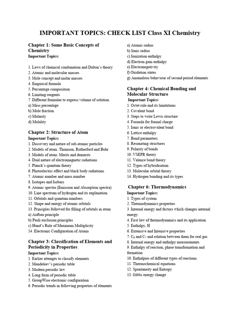 Class XI Chemistry Important Topics Guide | PDF | Chemical Bond | Atoms
