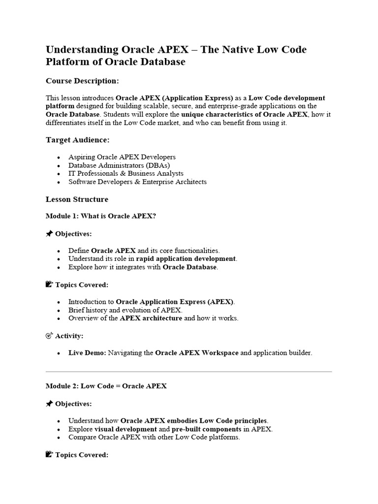 The Native Low Code Platform of Oracle Database - Course Outline | PDF | Databases | Information ...