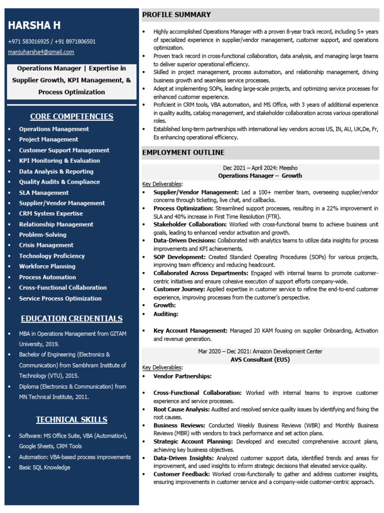 Harsha_Resume_1734102406 | PDF | Customer Relationship Management | Performance Indicator