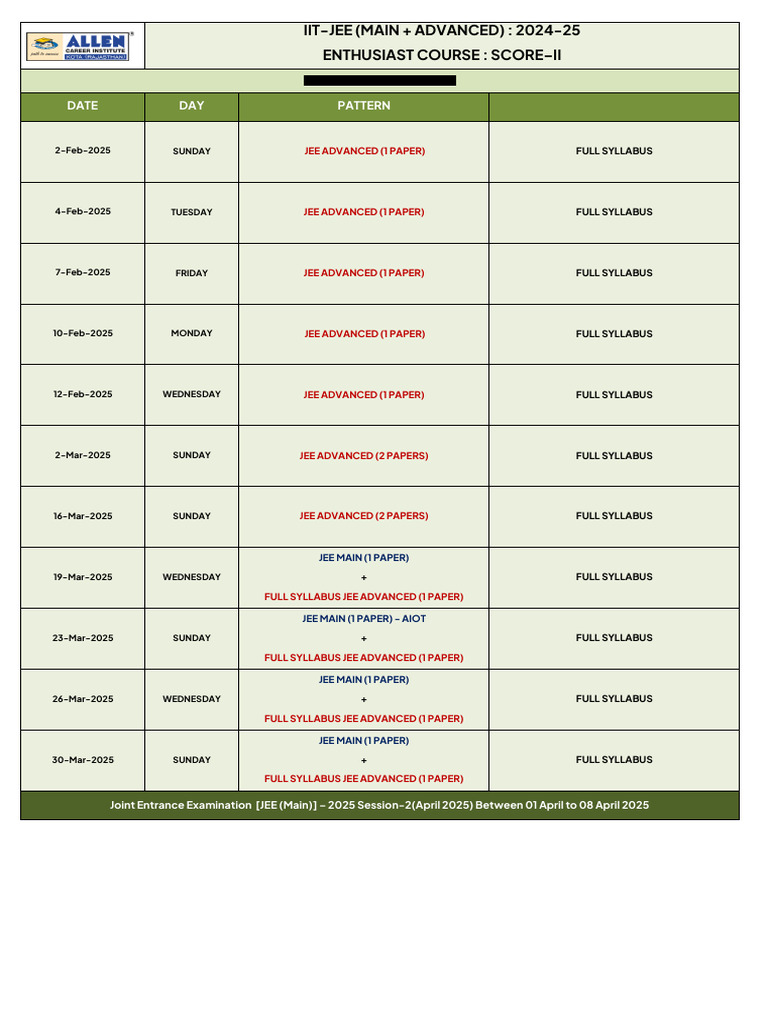 ENTHUSIAST COURSE (2024-25) SCORE - II Schedule | PDF