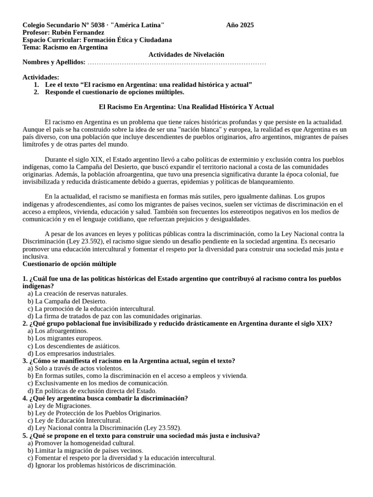 Actividades Racismo | PDF | Racismo | Discriminación y relaciones raciales