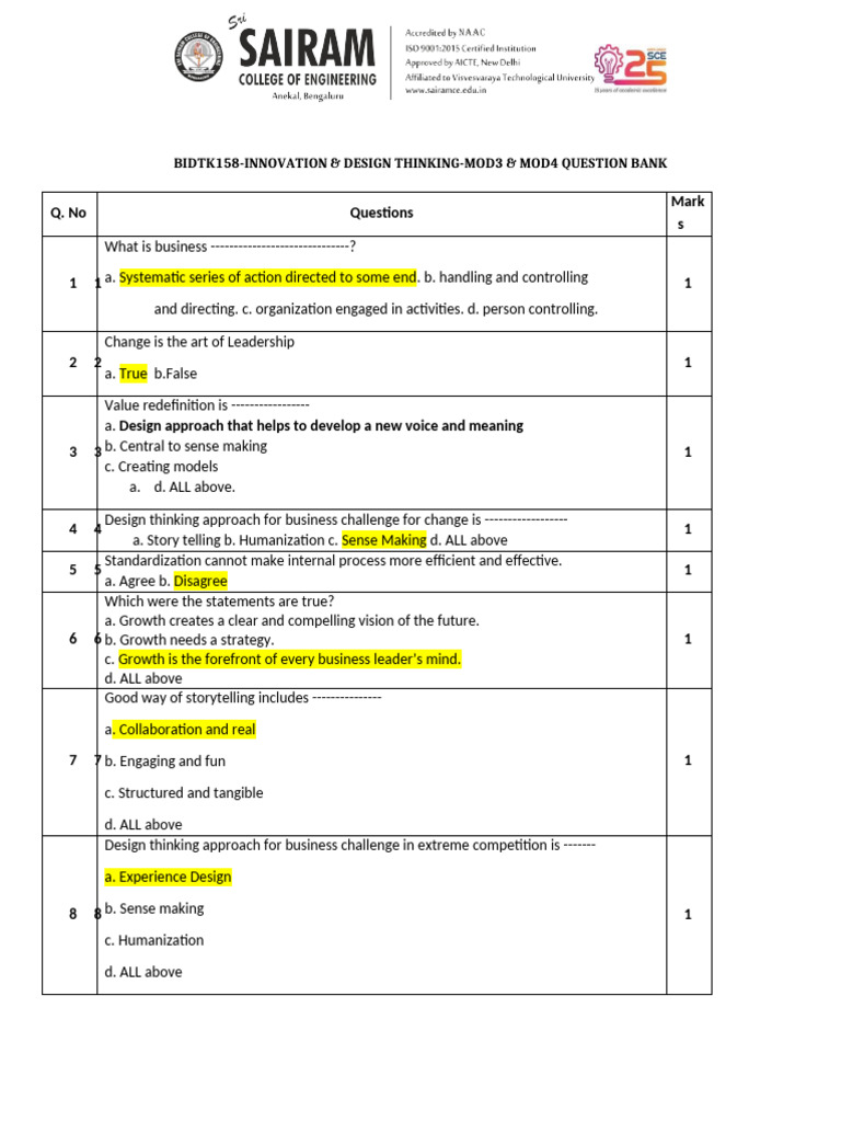 Question Bank - MOD3 & MOD4 - BIDTK158 - Innovation & Design Thinking | PDF | Software ...