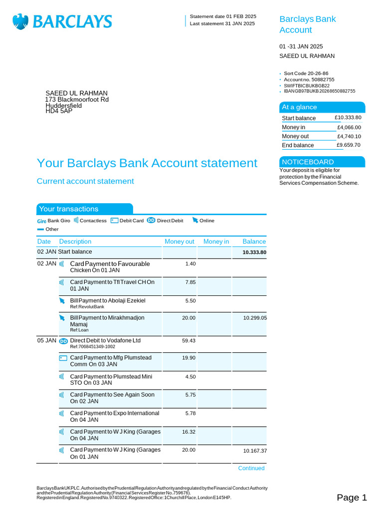 Barclays Bank Account Statement January 2025 | PDF | Overdraft | Debit Card