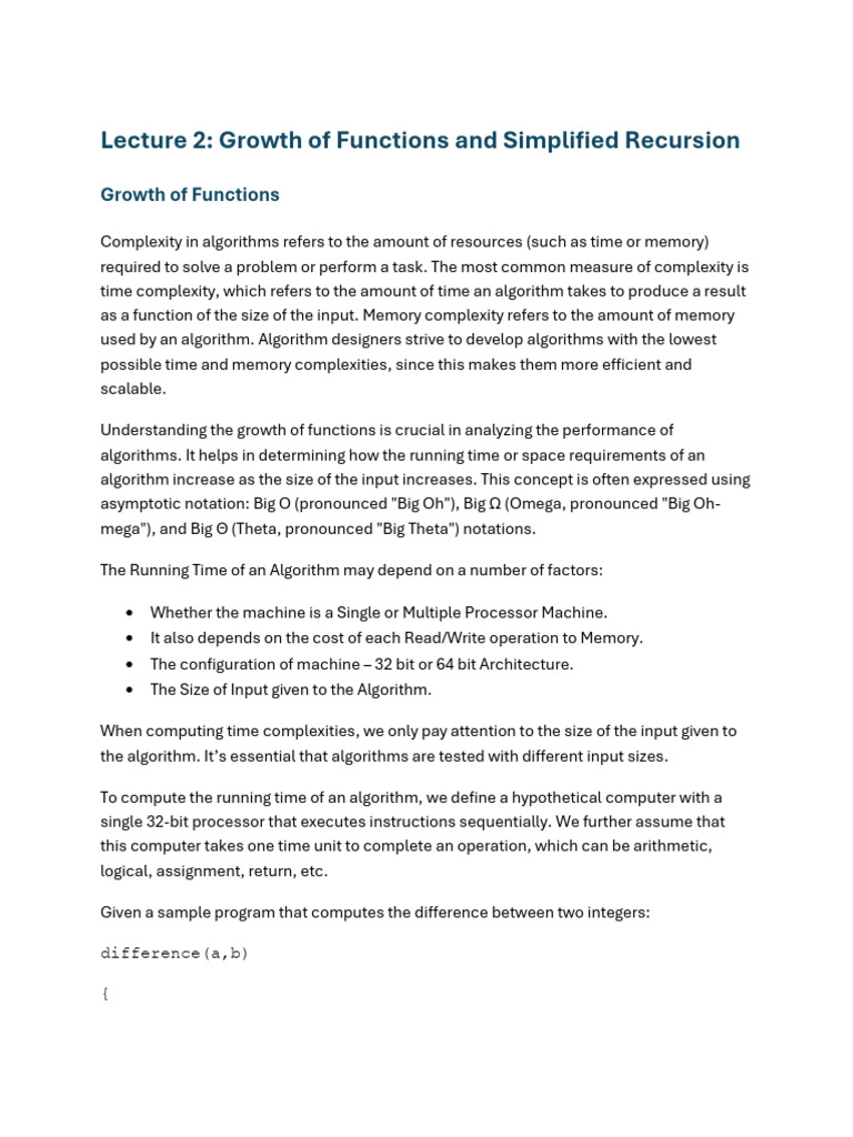 Lecture 2 - Growth of Functions and Recursion | PDF | Time Complexity | Summation