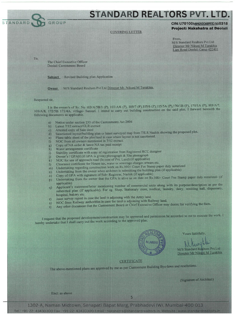 Covering Letter - Building Plan Application - Standard Realtors | PDF