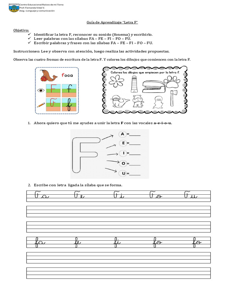 Aprendizaje de la Letra F y Sílaba | PDF