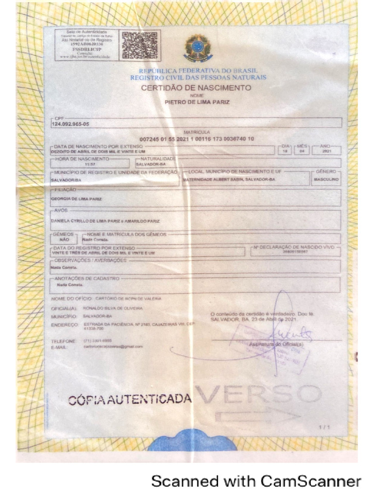 Certidão de nascimento dep. Georgia (2) | PDF