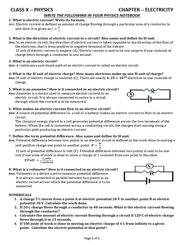 X PHY CH ELECTRICITY QA (29th Aug 2024) | PDF | Voltage | Electric Current