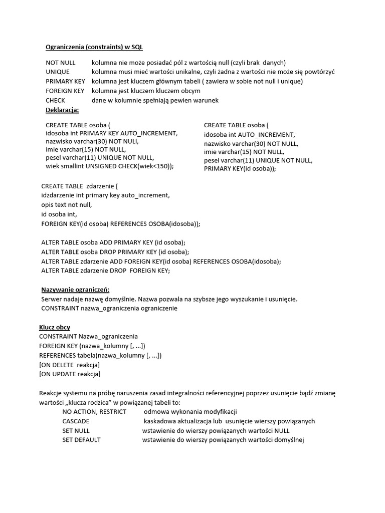 4 Ograniczenia W SQL | PDF