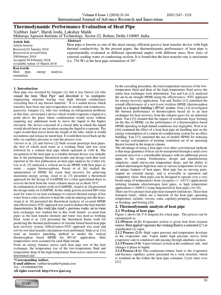 Thermodynamic Performance Evaluation of Heat Pipe (2) | PDF | Heat | Heat Transfer