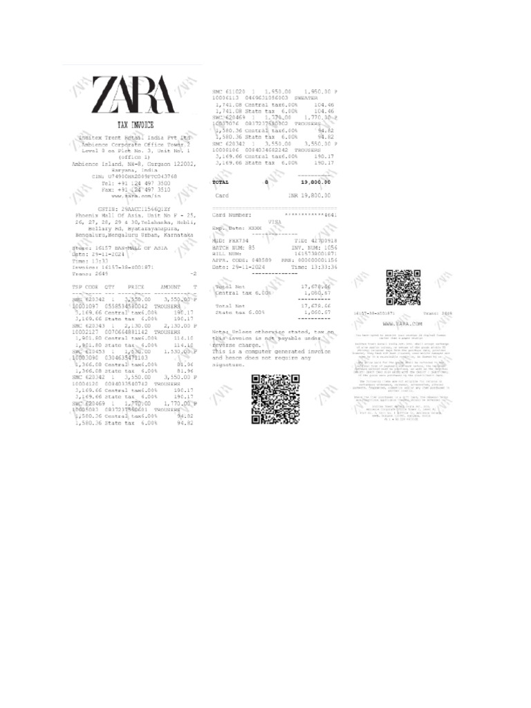 Zara Bill Nov | PDF
