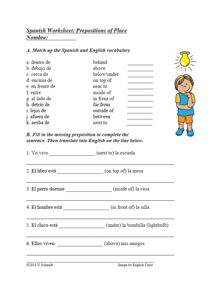 Spanish Prepositions of Place Worksheet | PDF