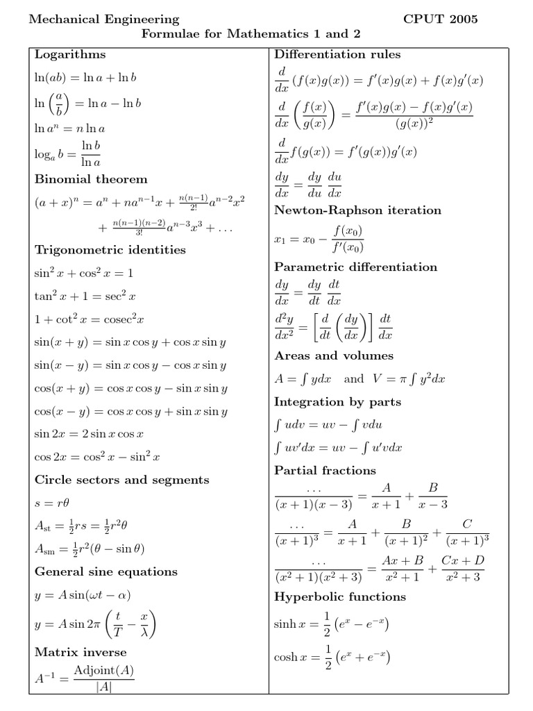 Engineering Mathematics Formula Sheet | PDF | Trigonometric Functions | Mathematical Physics