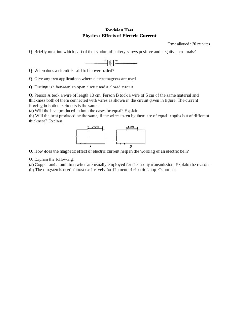 Electric Current Effects Revision Test | PDF