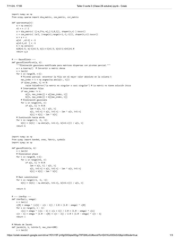 Taller 3 corte 3 (Clase 28 octubre).ipynb - Colab | PDF | Mathematical Physics | Numerical Analysis