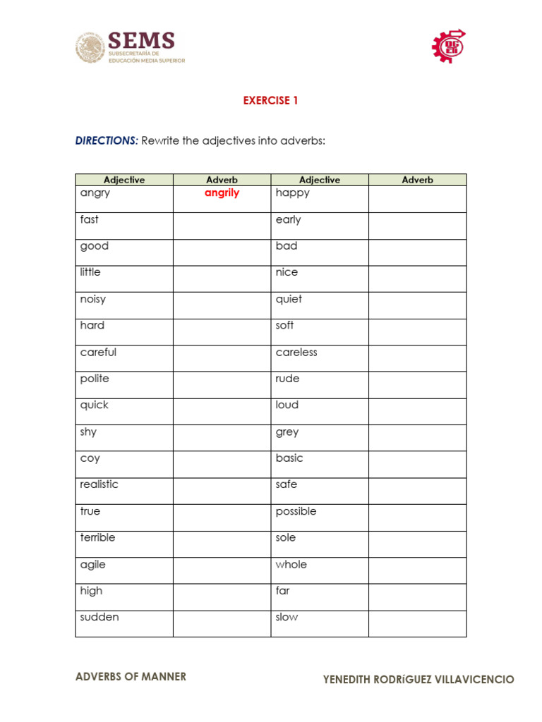 Adverbs of Manner Exercise 1 OK | PDF
