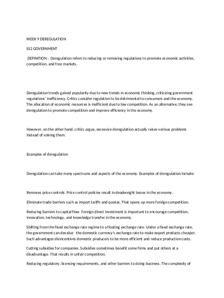 Advantages and Disadvantages of Deregulation | PDF | Deregulation ...