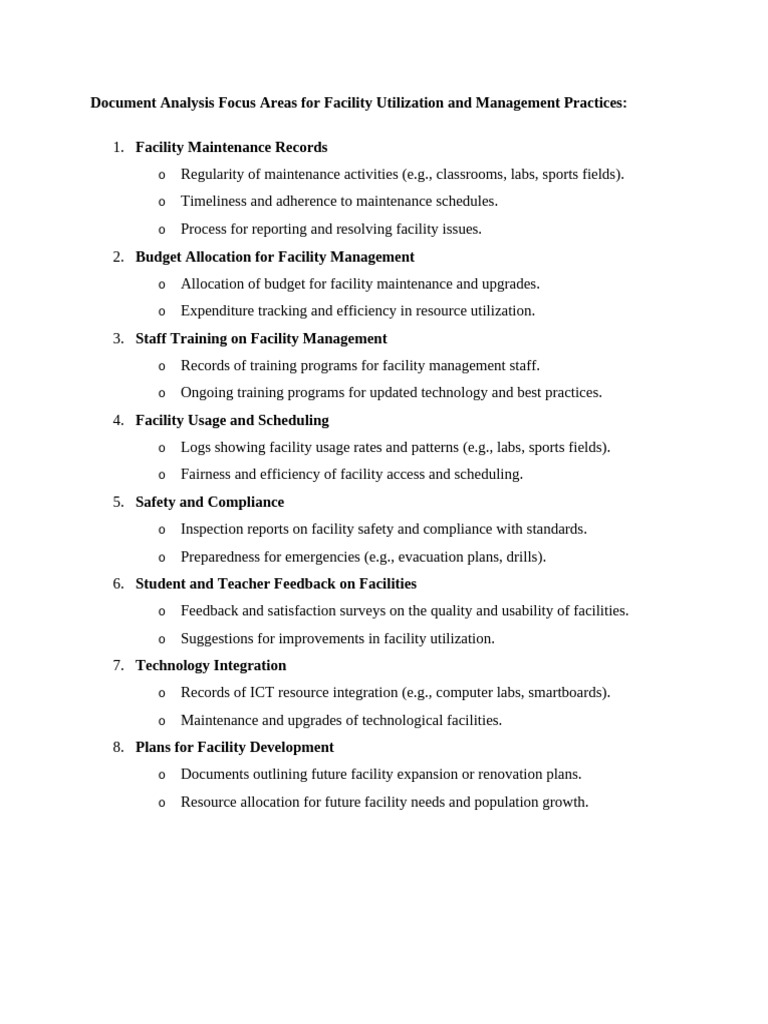 Document Analysis Focus Areas For Facility Utilization and Management ...
