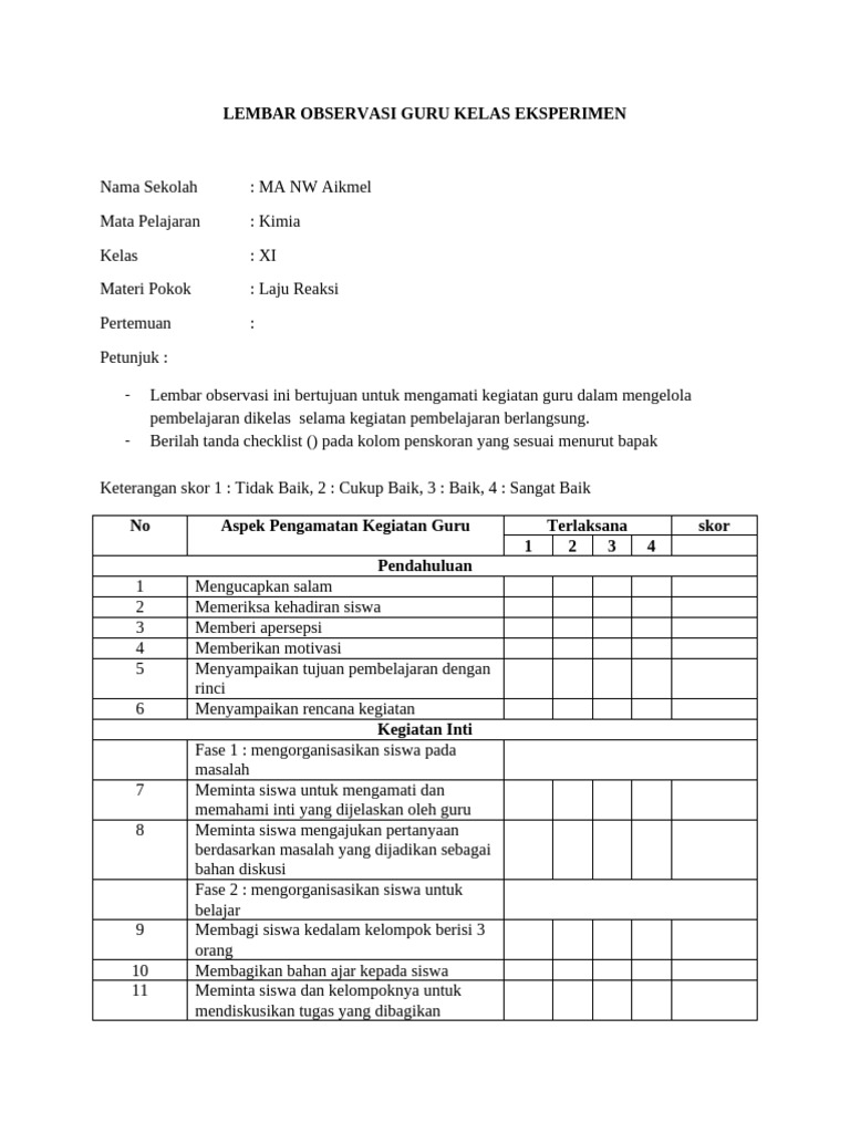 LEMBAR OBSERVASI GURU KELAS EKSPERIMEN | PDF