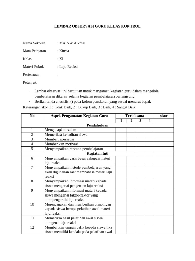 Lembar Observasi Guru Kelas Kontrol | PDF