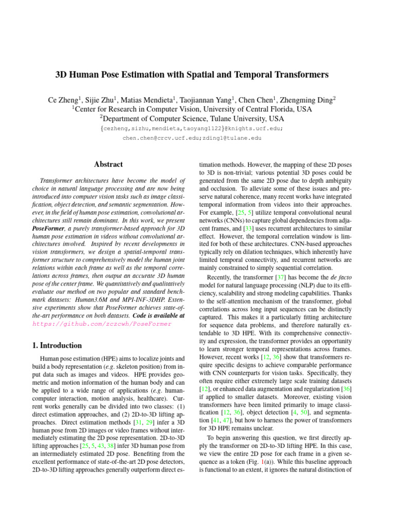 3D HumanPose Estimation With Spatial and Temporal Transformers | PDF | Applied Mathematics ...