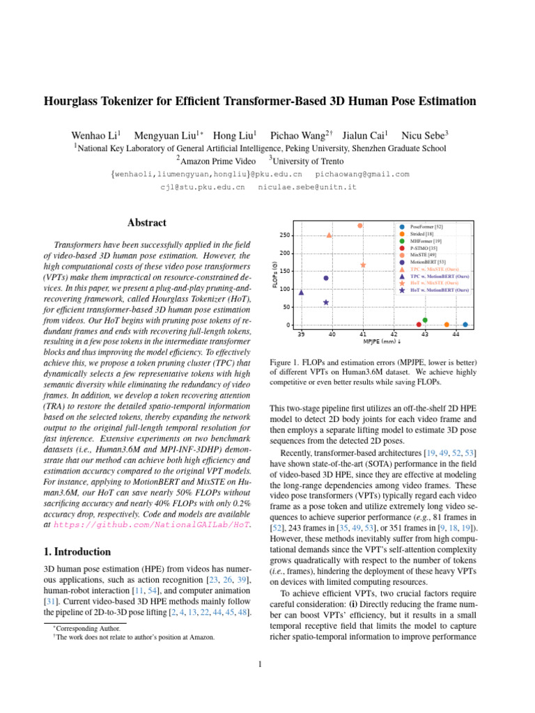 Hourglass Tokenizer For Efficient Transformer-Based 3D Human Pose Estimation | PDF | Computing ...