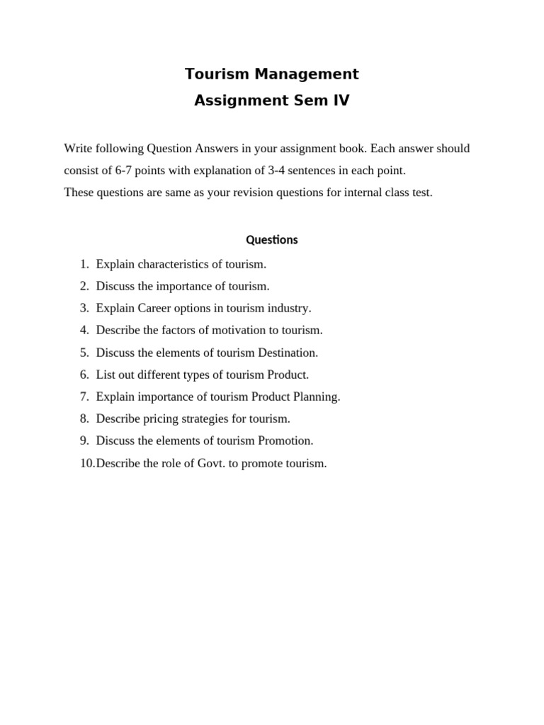 Mcom Sem IV Tourism MGMT IV Assignment | PDF