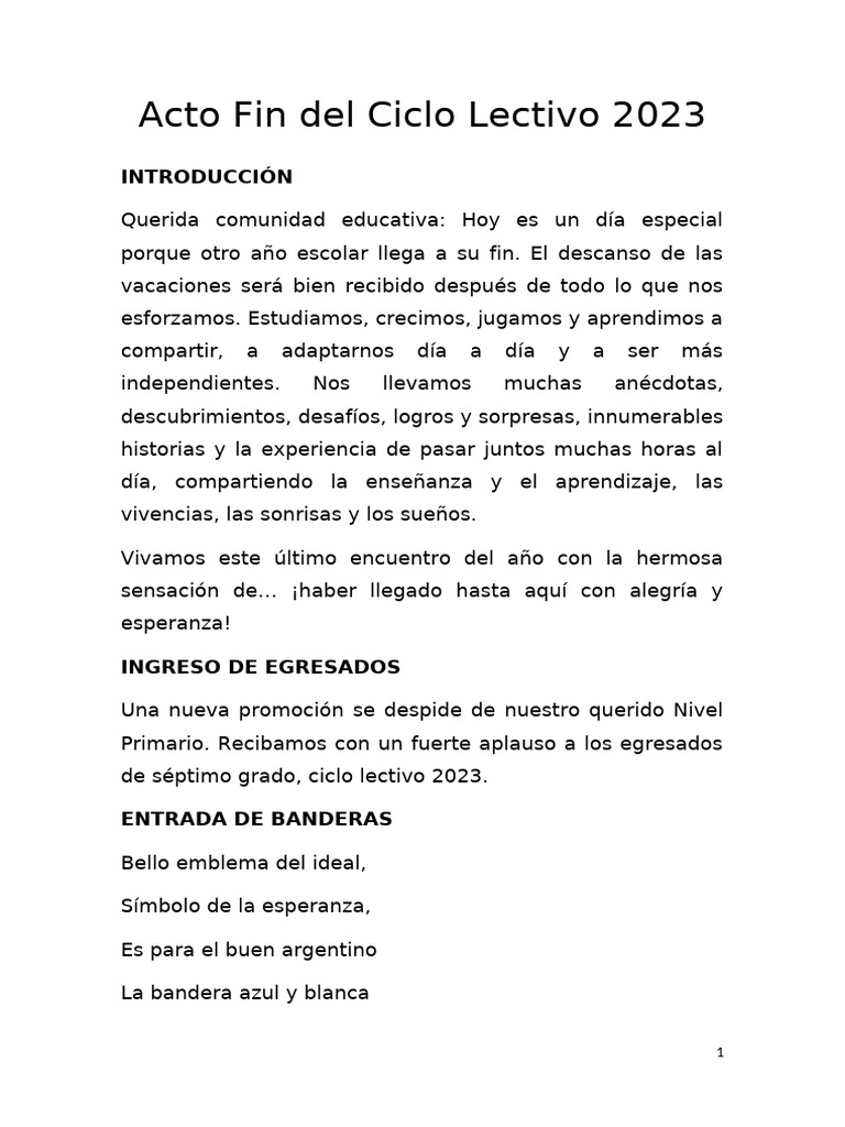 Acto Fin Del Ciclo Lectivo 2023 | PDF